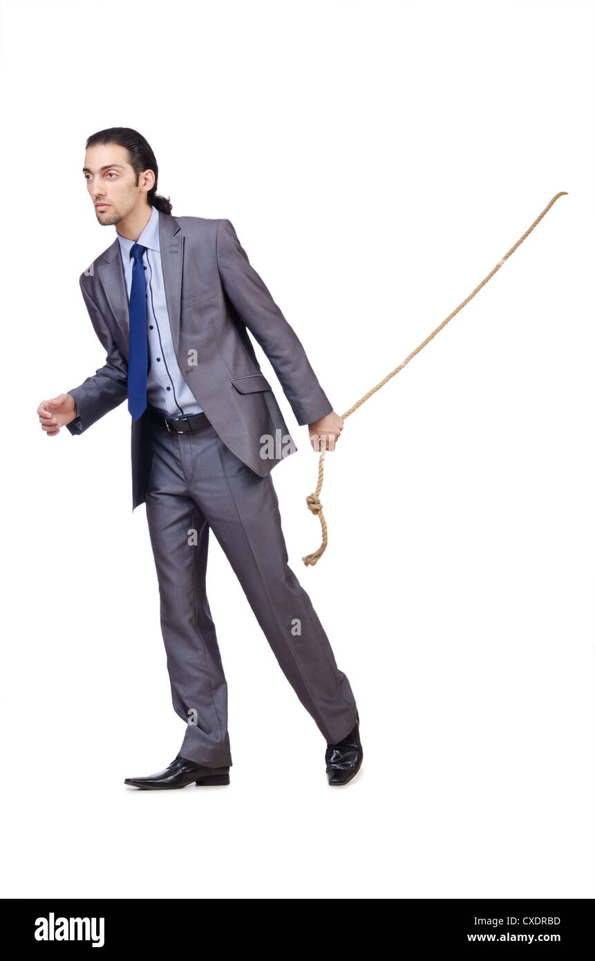 Businessman pulling rope on white Stock Photo - Alamy