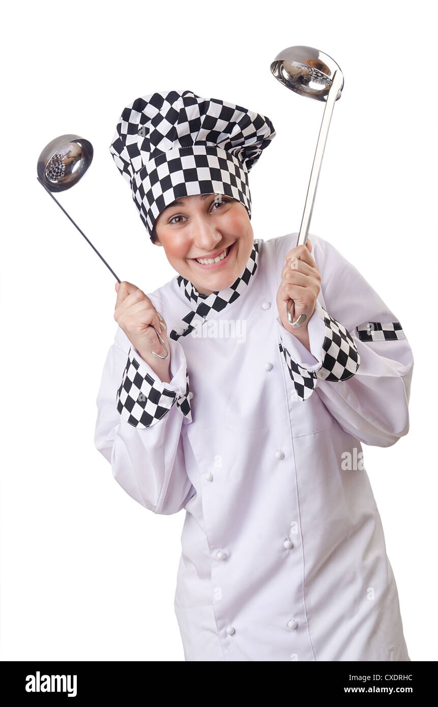 Woman cook with ladle on white Stock Photo - Alamy
