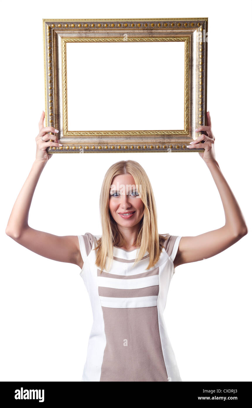 Young woman with picture frame on white Stock Photo - Alamy