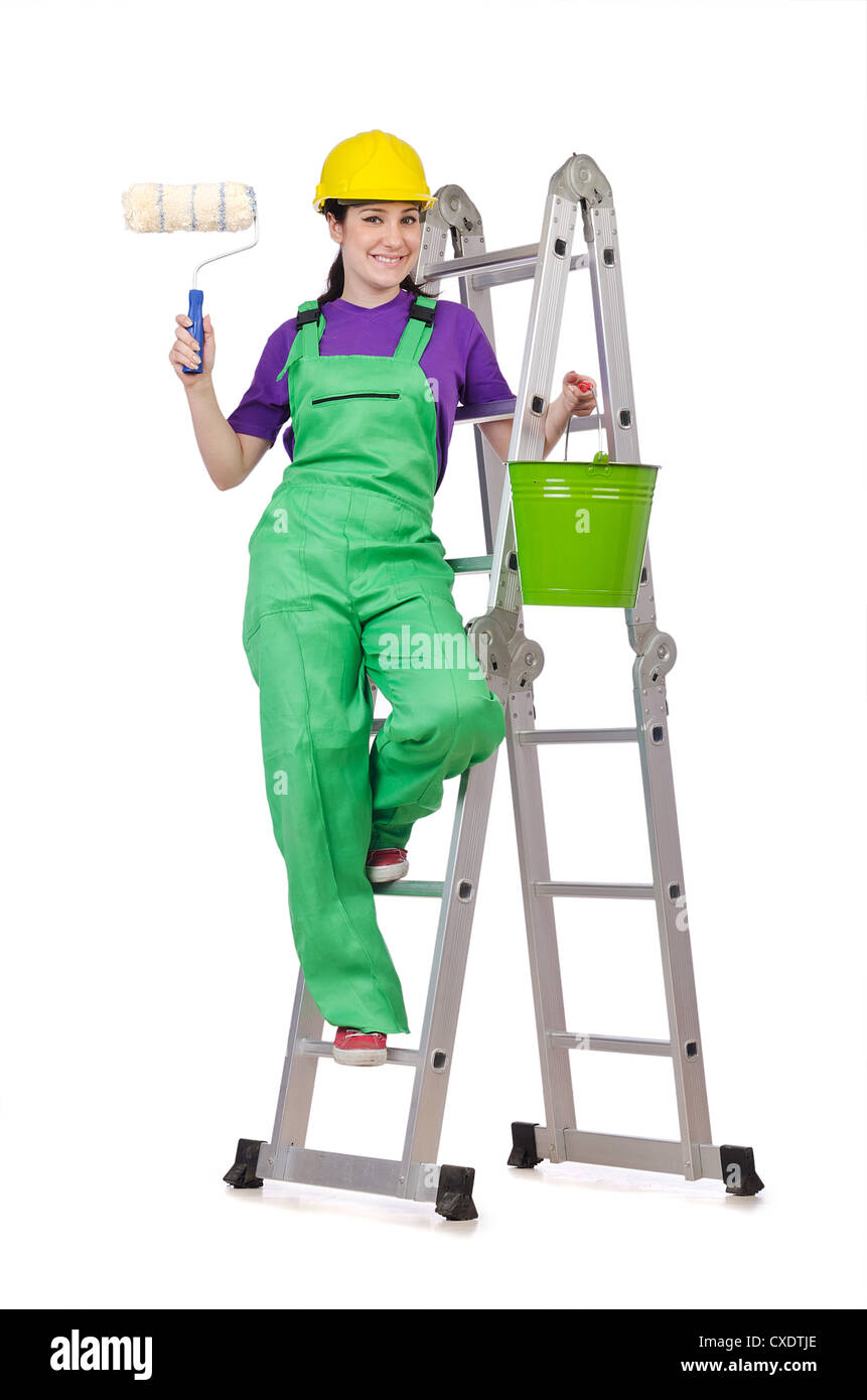 Woman worker standing on ladder Stock Photo - Alamy
