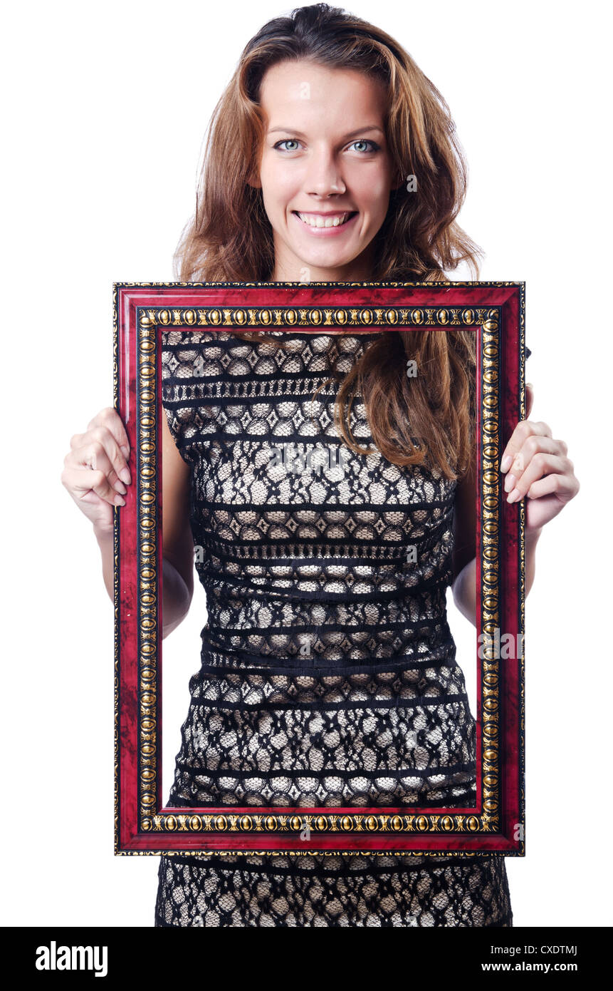 Young woman with picture frame on white Stock Photo - Alamy