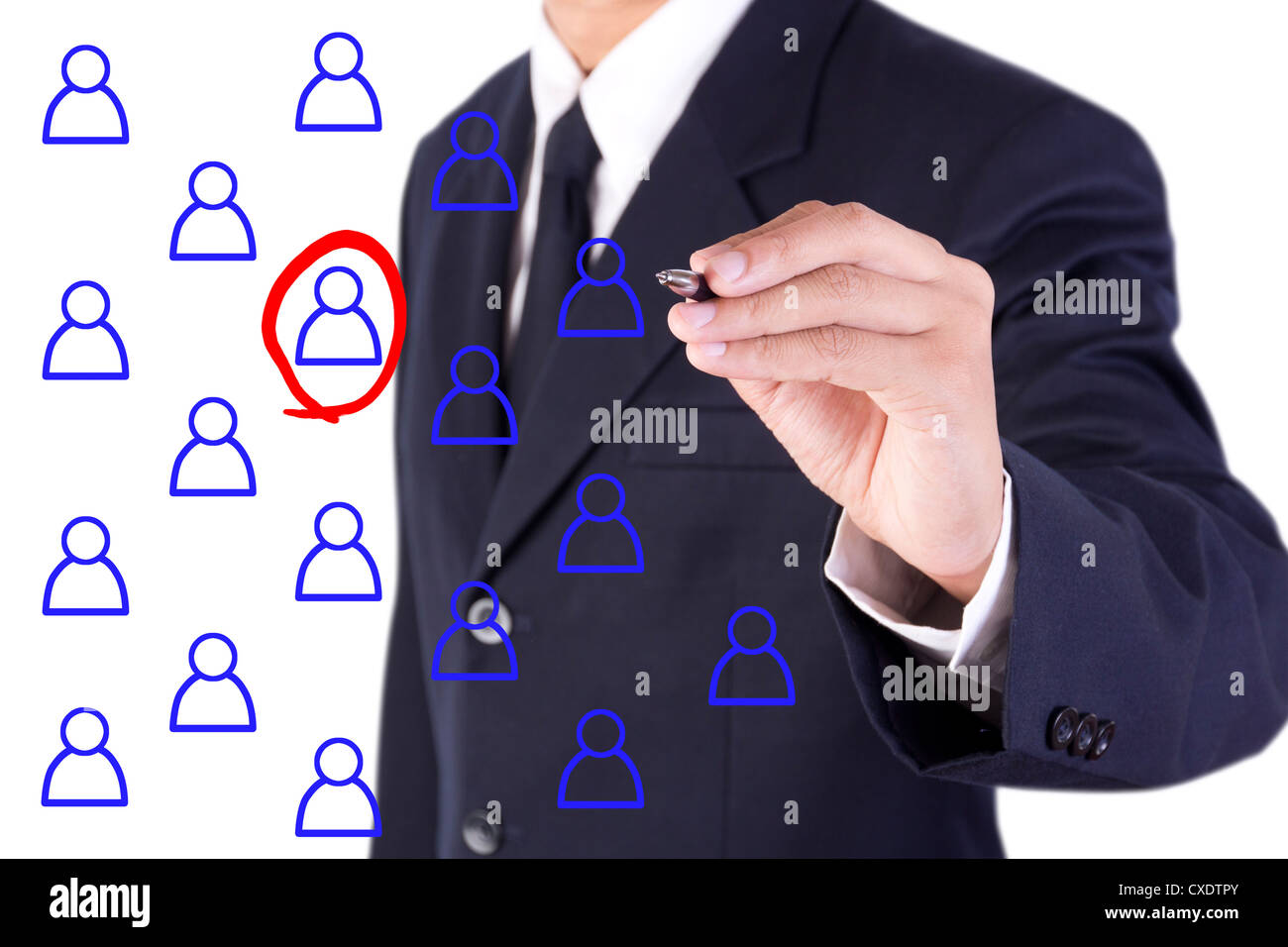 businessman drawing on white board and choose one person from group ...