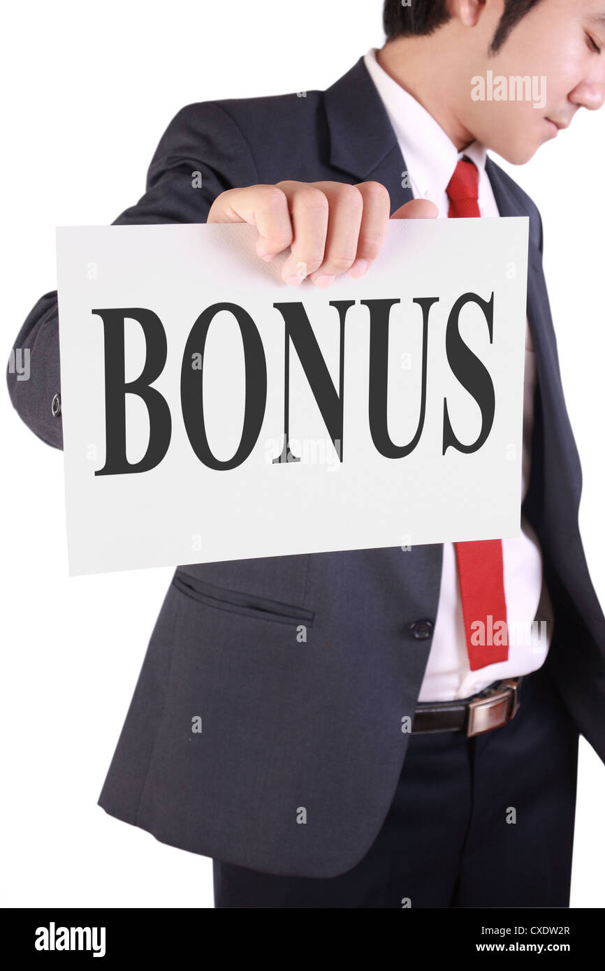 Businessman holding paper that say about bouns Stock Photo - Alamy