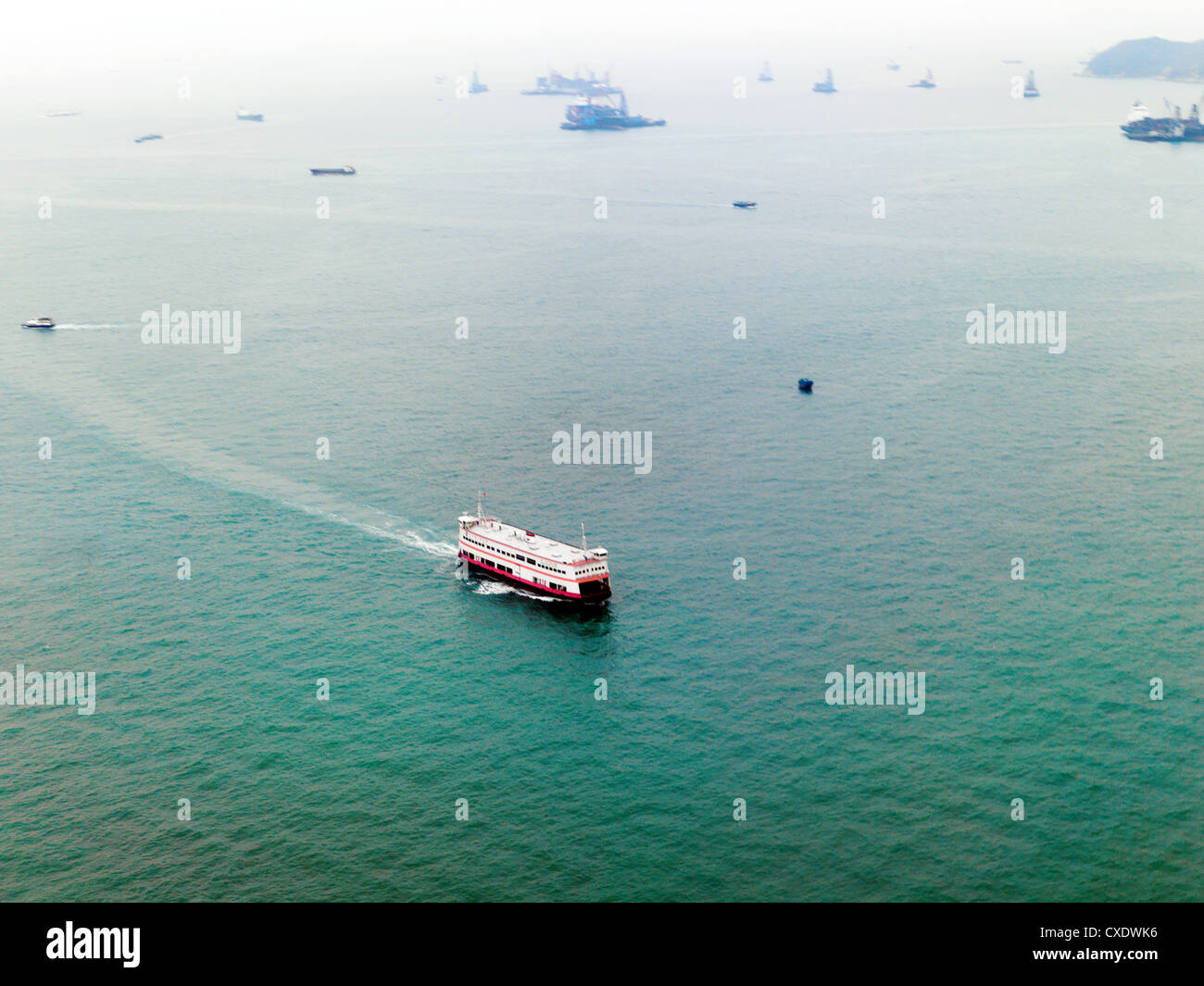 Aerial view of the Pear River Delta and boats throughout the bay and ...