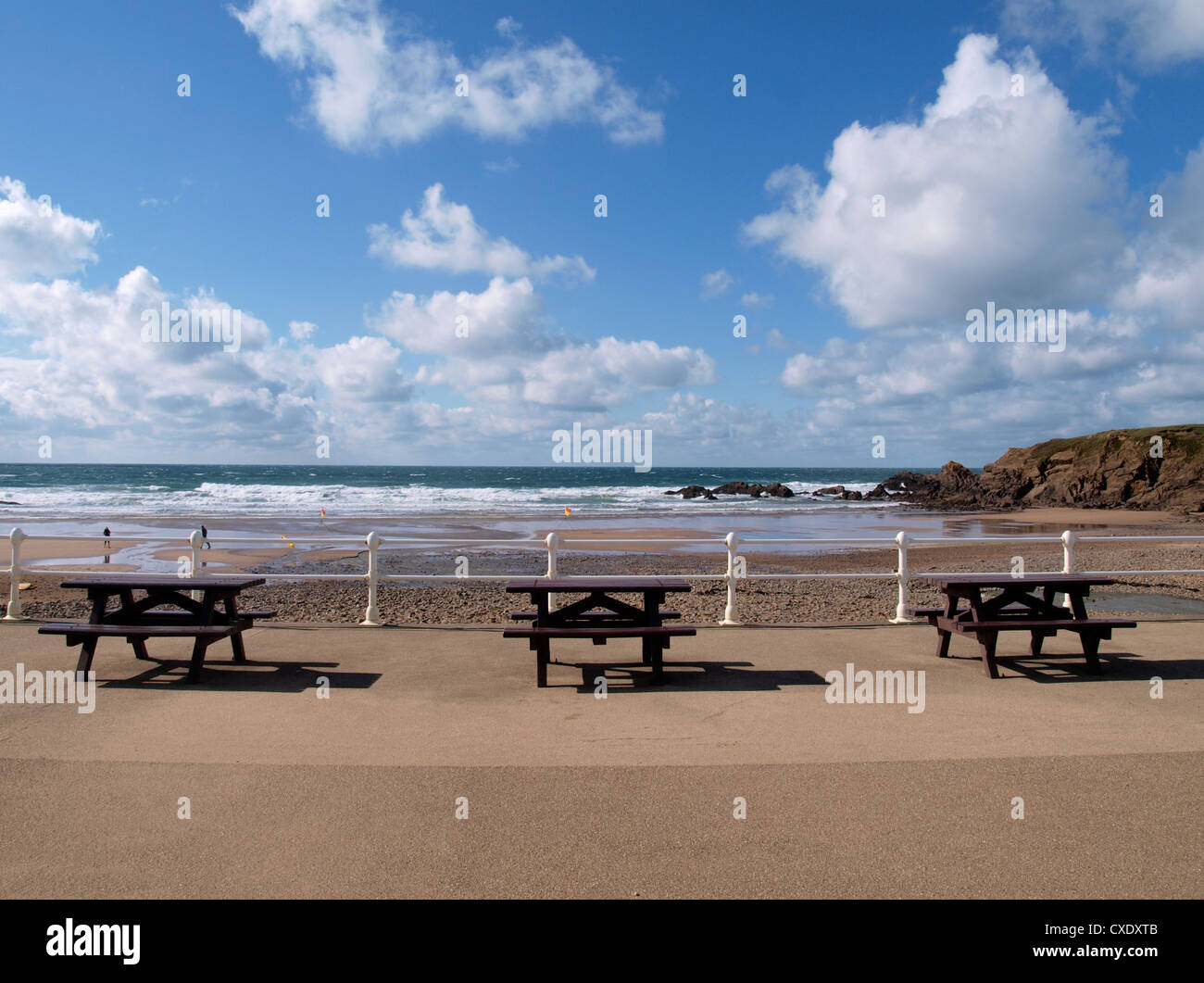 Picnic benches at the beach, Crooklets, Bude, Cornwall, UK Stock Photo ...