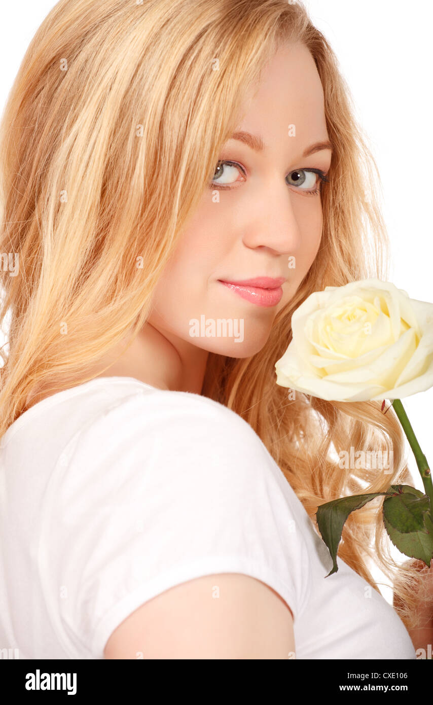 Beautiful Young Woman With White Rose Stock Photo - Alamy