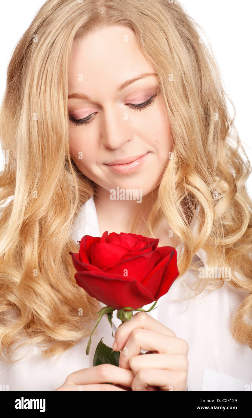 Beautiful Young Woman With Red Rose Stock Photo - Alamy