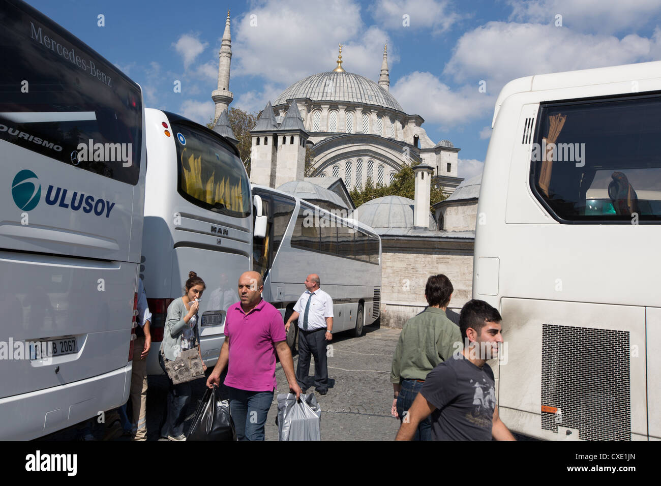 Tourist buses and coaches outside the Grand Bazaar, in Istanbul, in ...