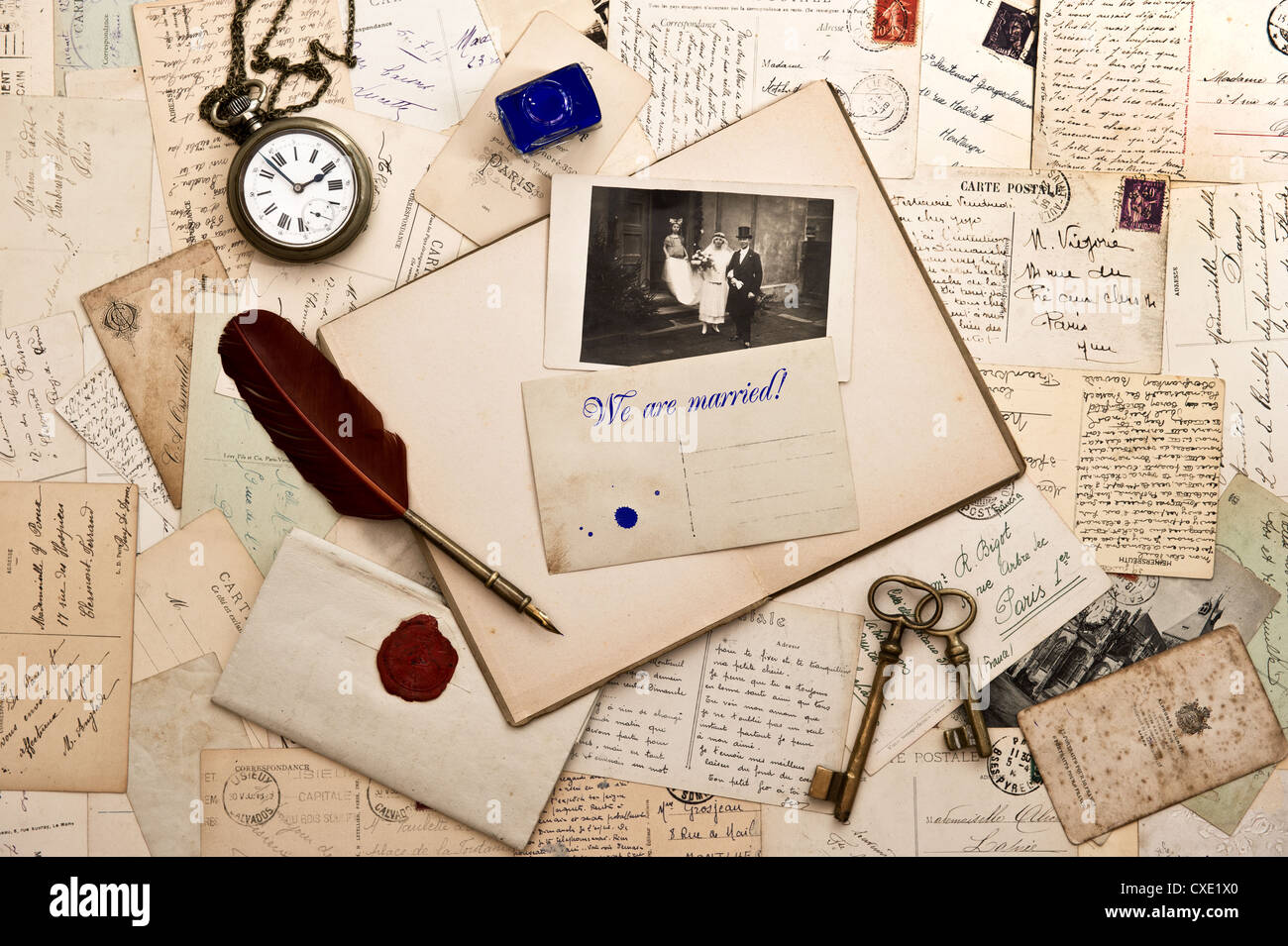 we are married! nostalgic vintage wedding background with old photos ...