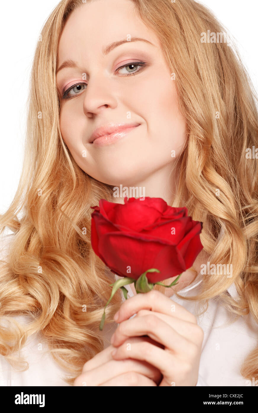 Beautiful Young Woman With Red Rose Stock Photo - Alamy