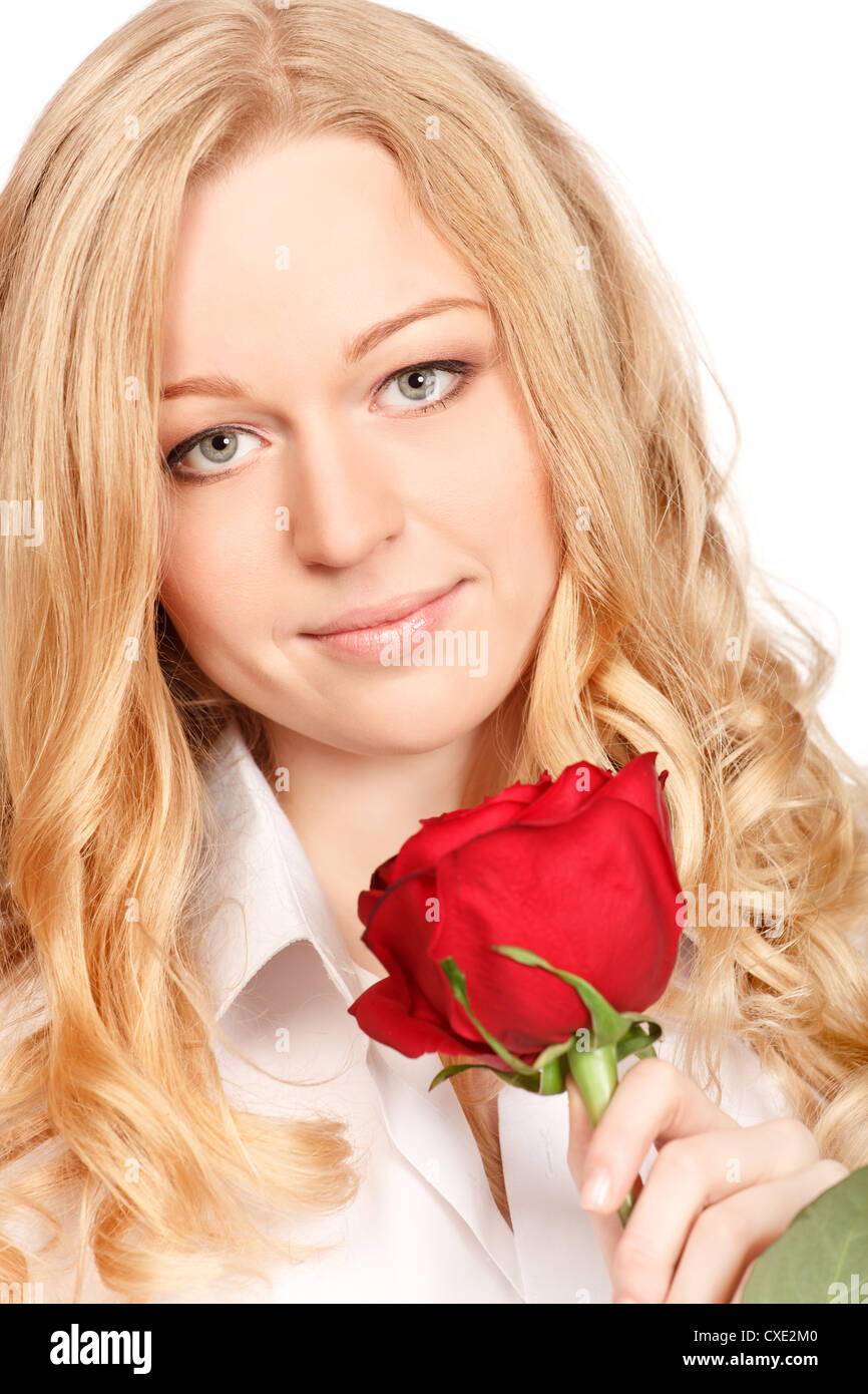 Beautiful Young Woman With Red Rose Stock Photo - Alamy