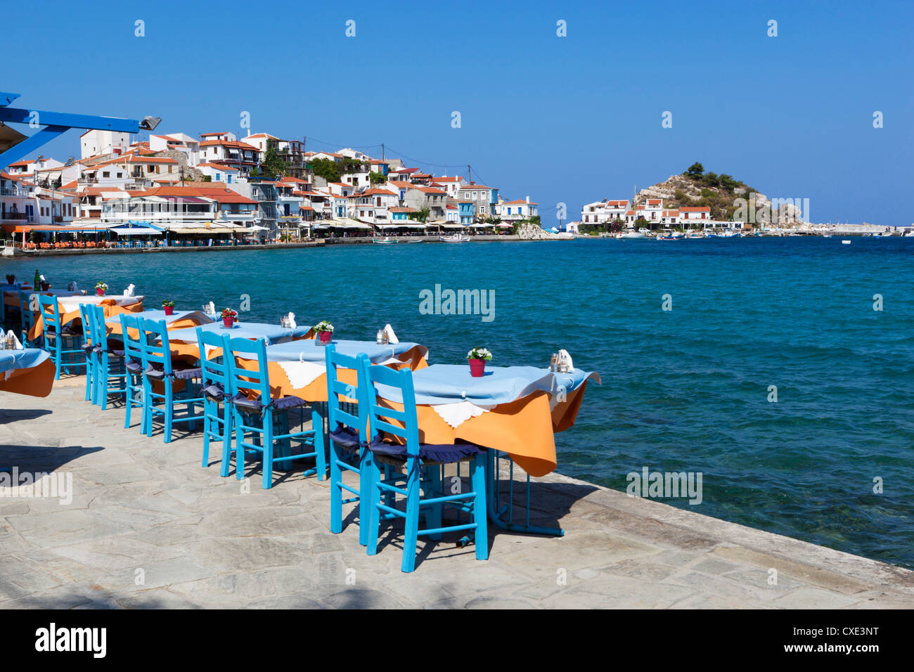 Restaurants on harbour, Kokkari, Samos, Aegean Islands, Greece Stock ...