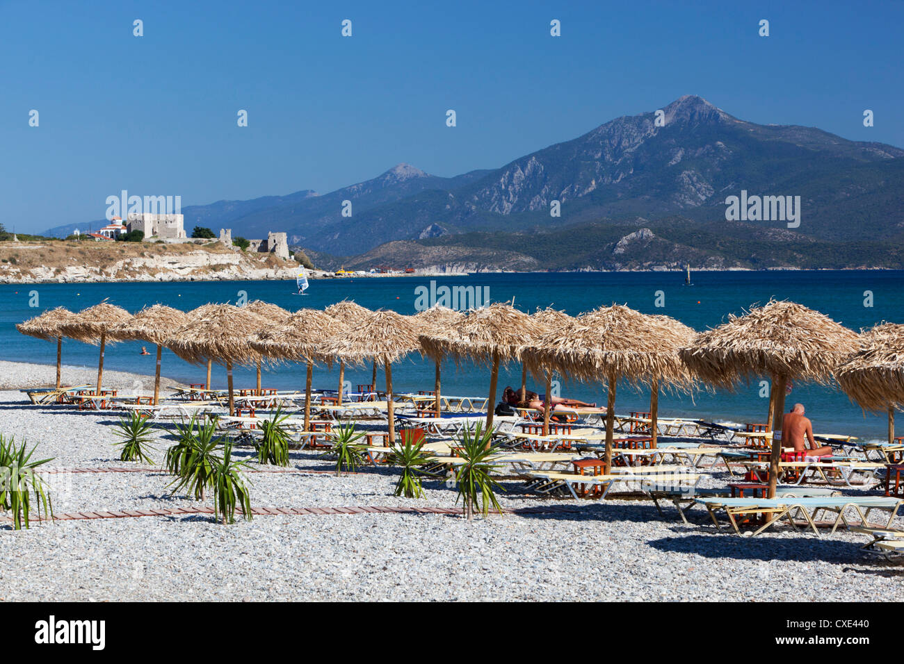 View over beach to Pythagorion castle, Potokaki, Samos, Aegean Islands ...