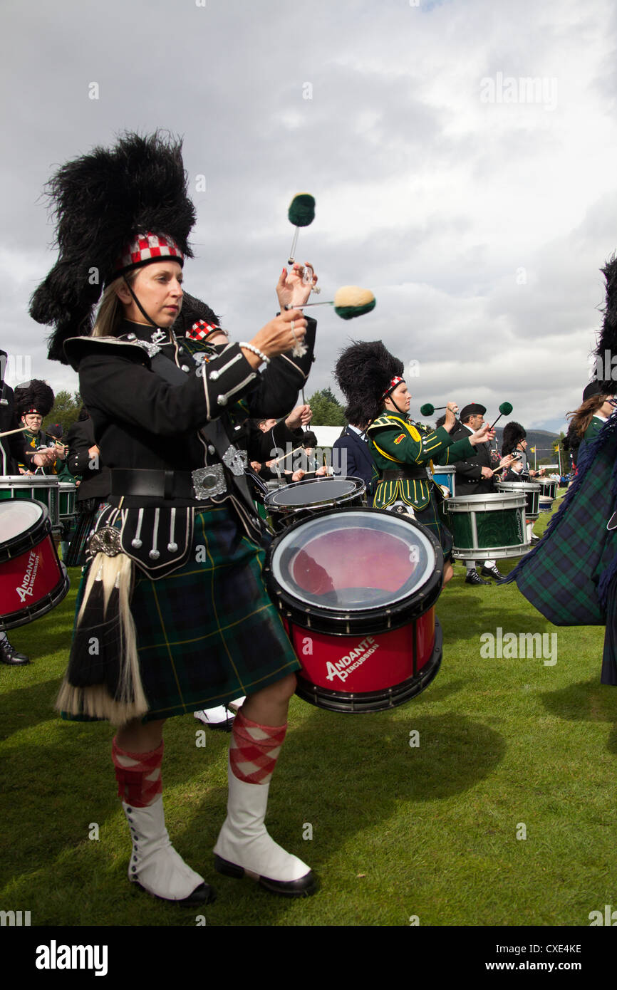 Village of Braemar, Scotland. Drummers from the massed pipe bands ...