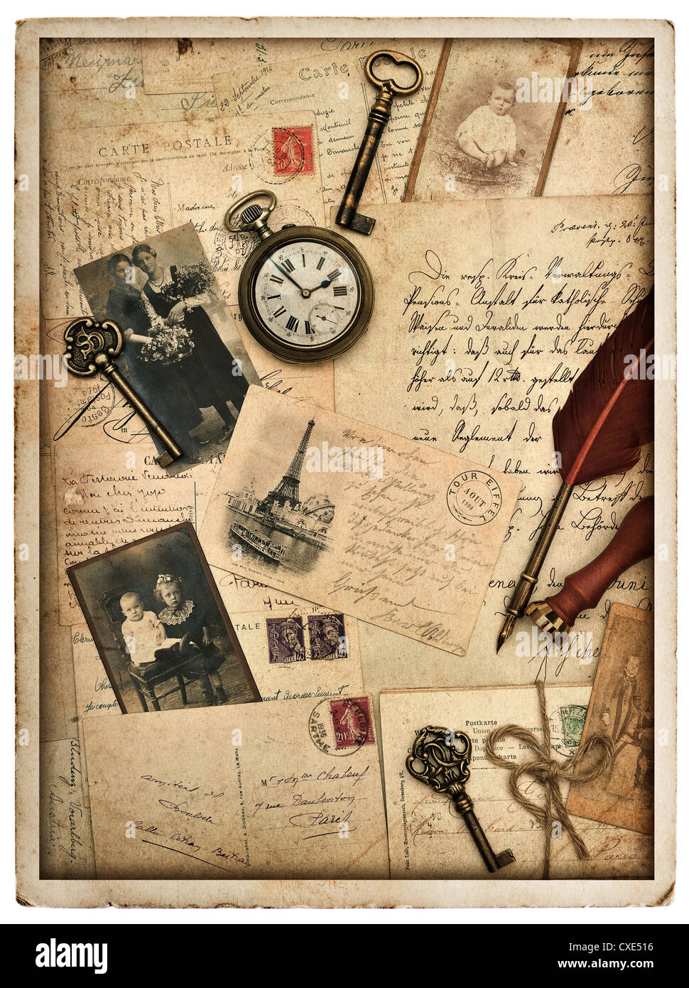 nostalgic vintage styled background with old post cards, letters and ...