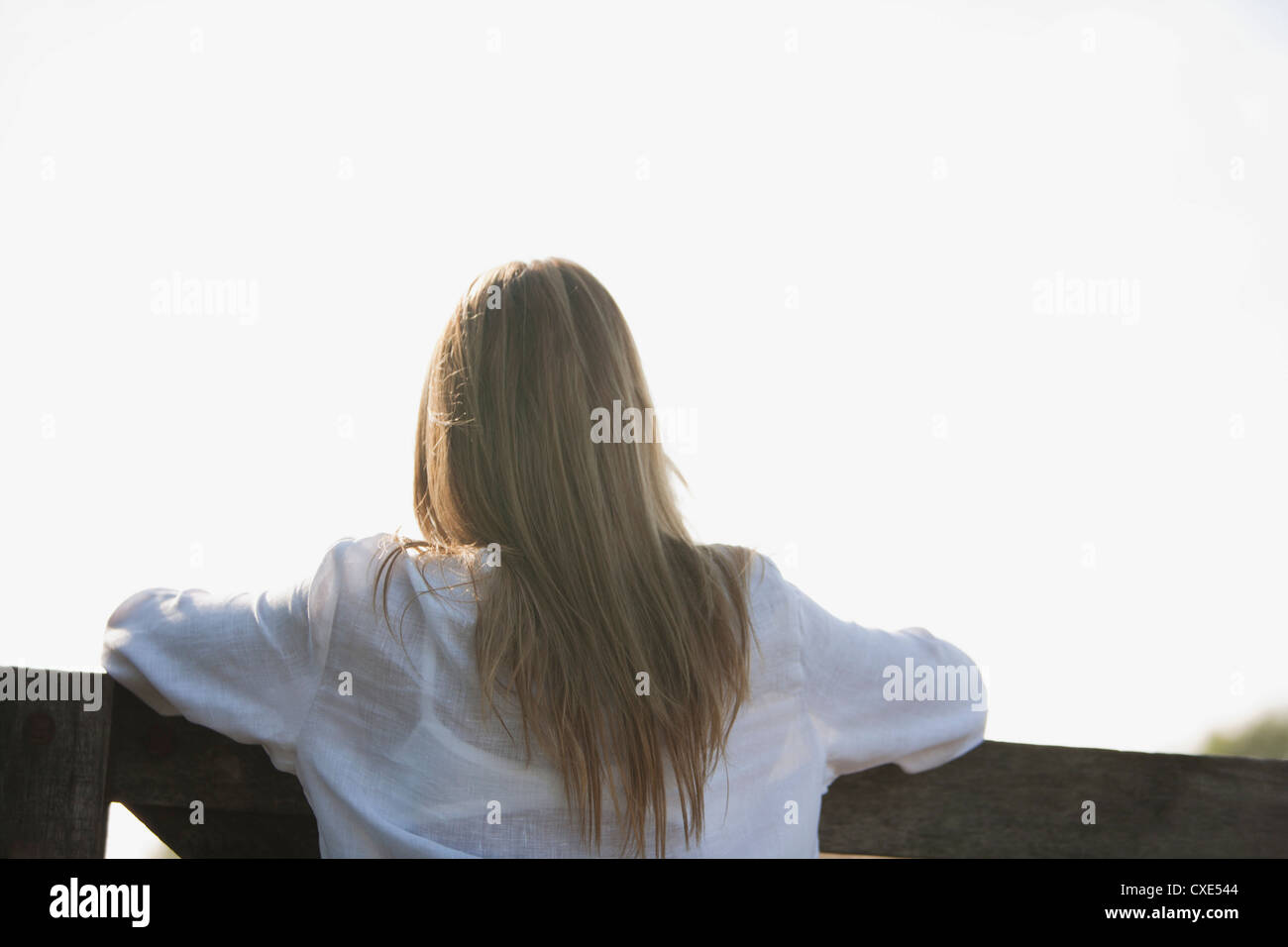 Woman leaning against railing, rear view Stock Photo - Alamy