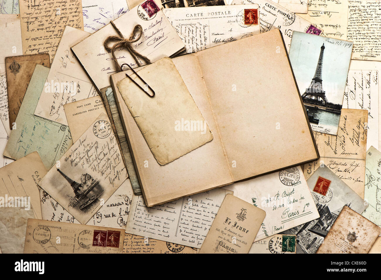old papers, french post cards and open diary book. nostalgic vintage ...