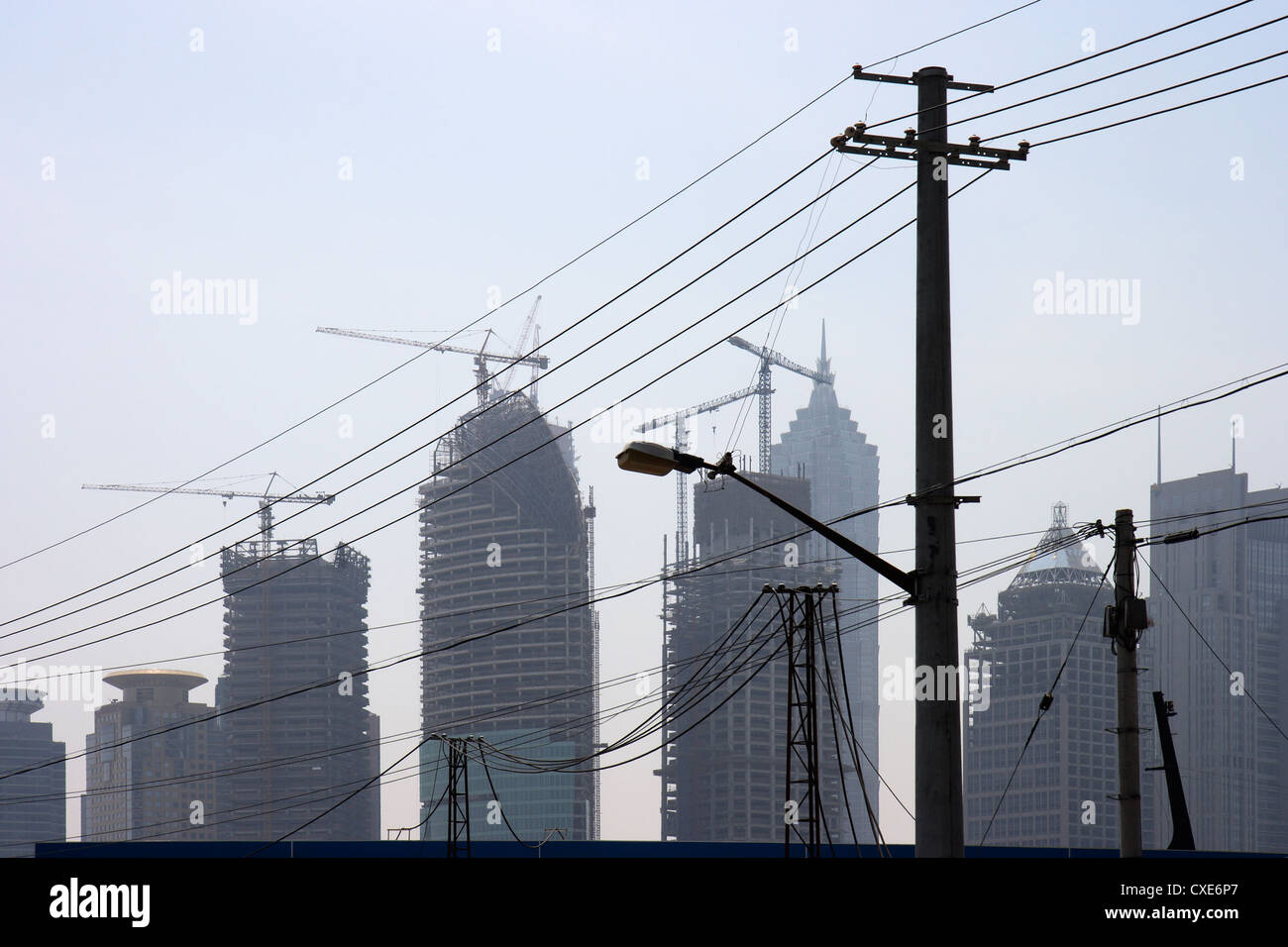 Shanghai Pudong skyline, before an overhead line Stock Photo - Alamy