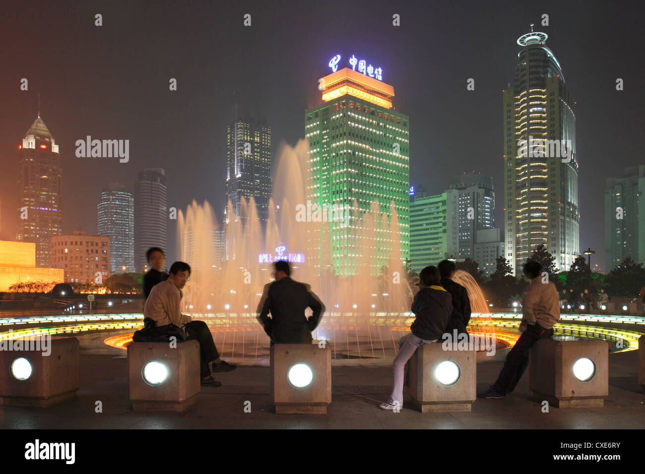 Illuminated town square night downtown skyscrapers background hi-res ...