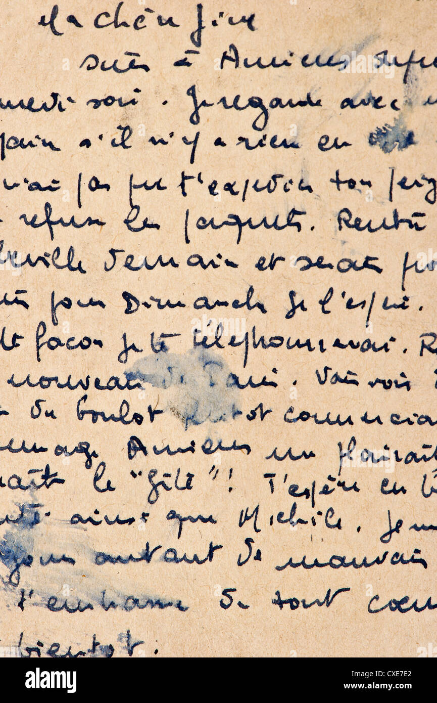old letter with vintage handwriting. grunge background with french text ...