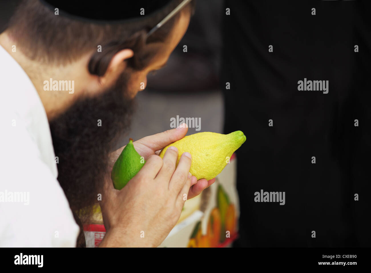 Religious Jew chooses citron- on the bazaar Stock Photo - Alamy