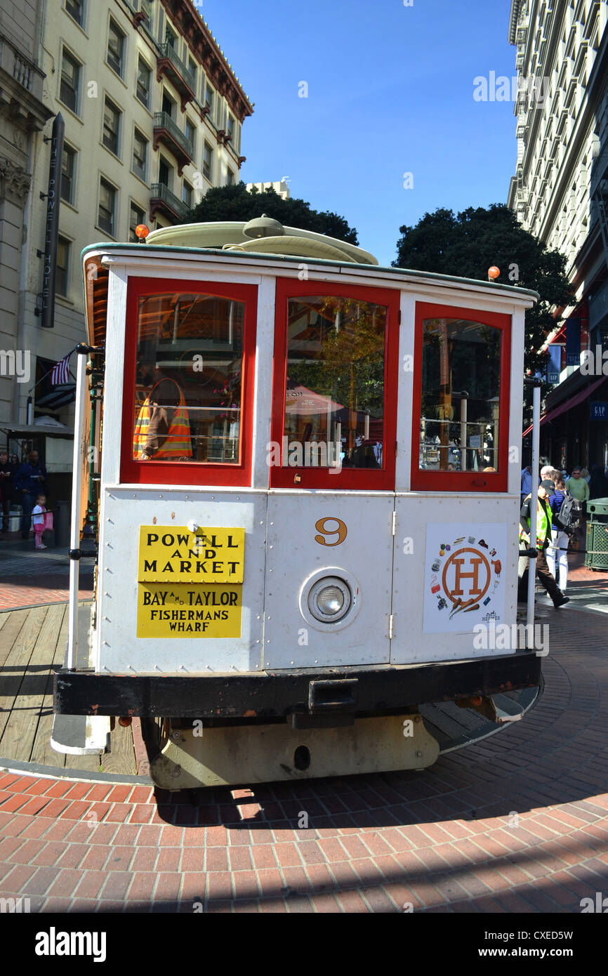 San Francisco cable car on turntable Powell and Market Stock Photo - Alamy