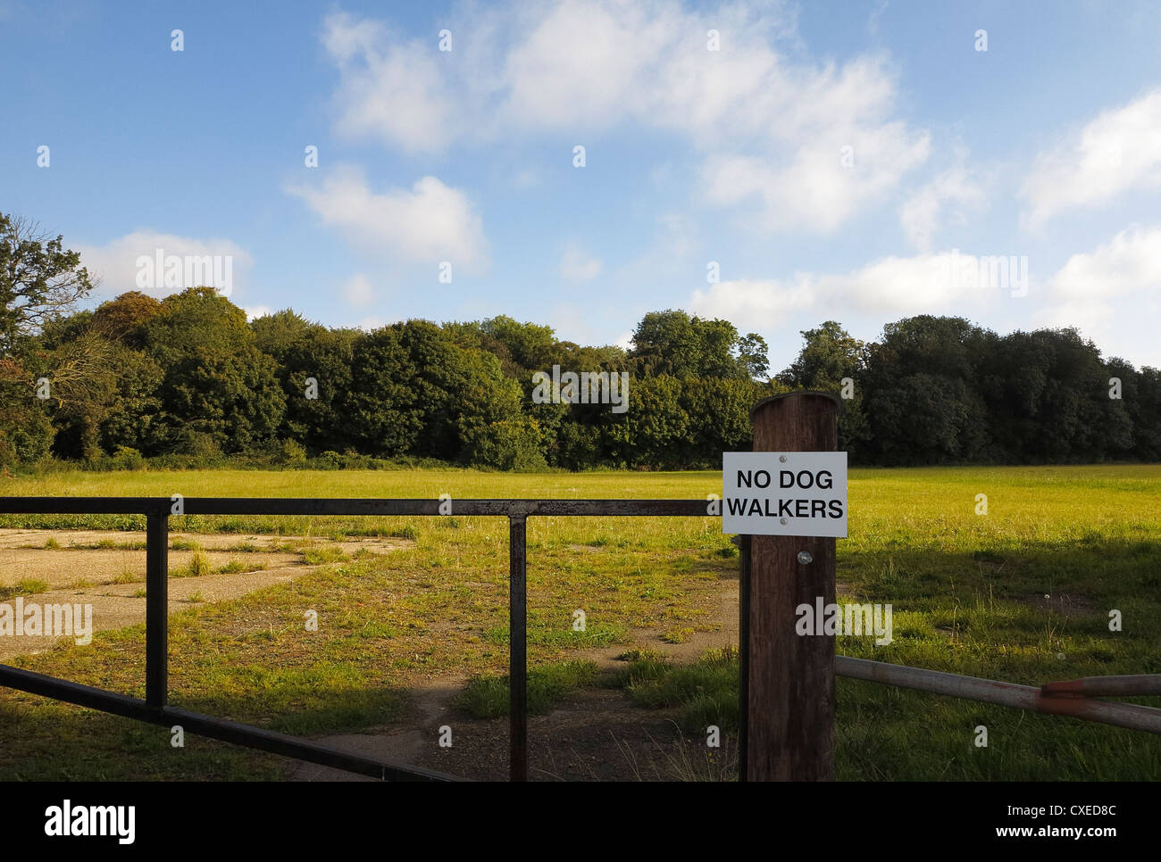 No dog walkers sign on gatepost to field Milton Cambridgeshire Stock ...