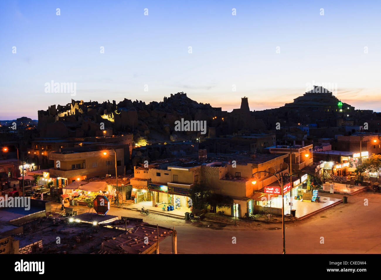 Overview at dusk of Shali fort and Siwa main square. Siwa oasis ...