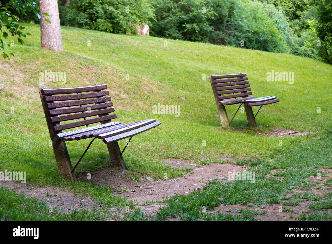Benches in the park alongside a walking trail Stock Photo - Alamy
