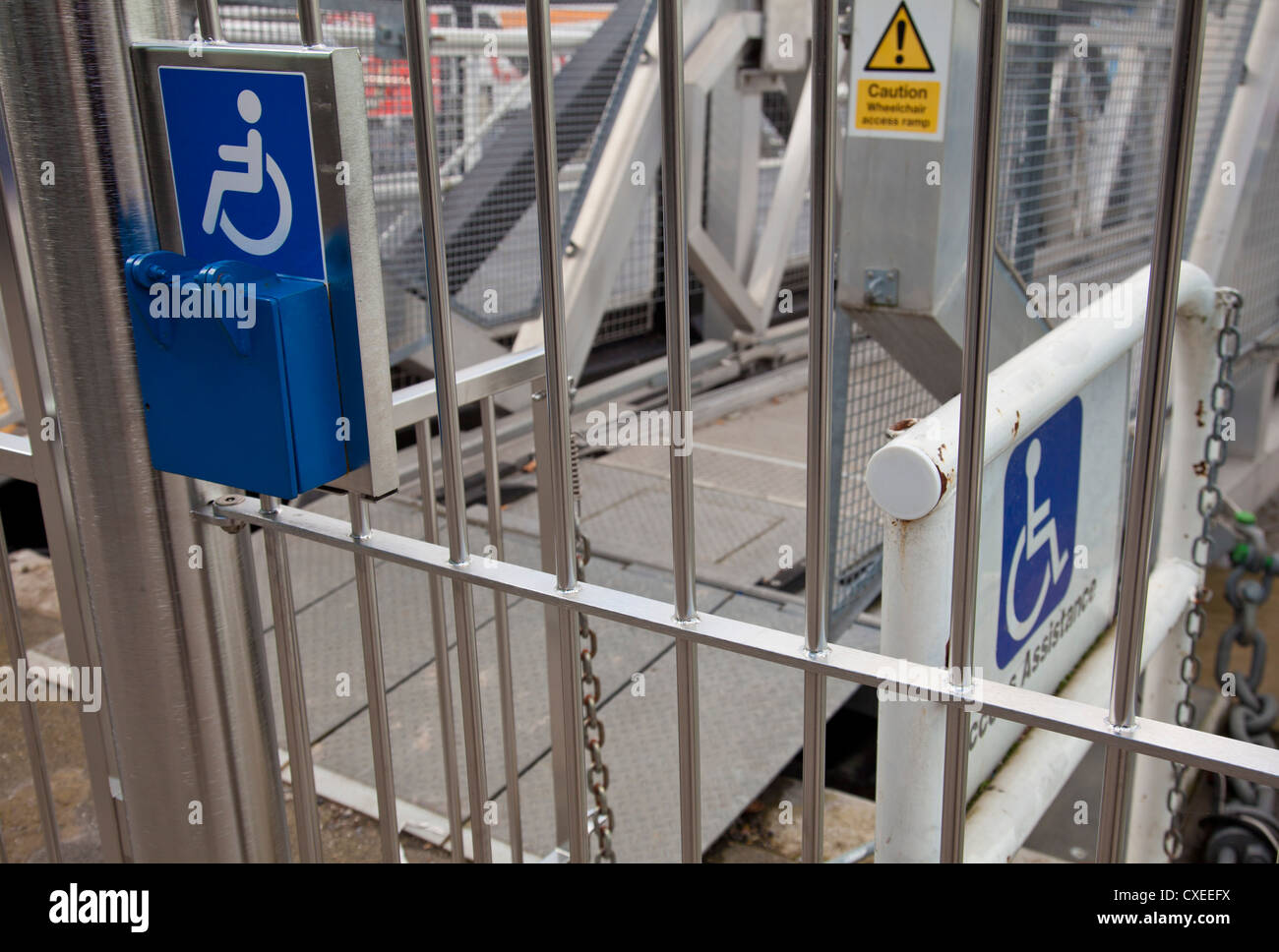 Disable access signs at the pier by the river Thames at Greenwich ...