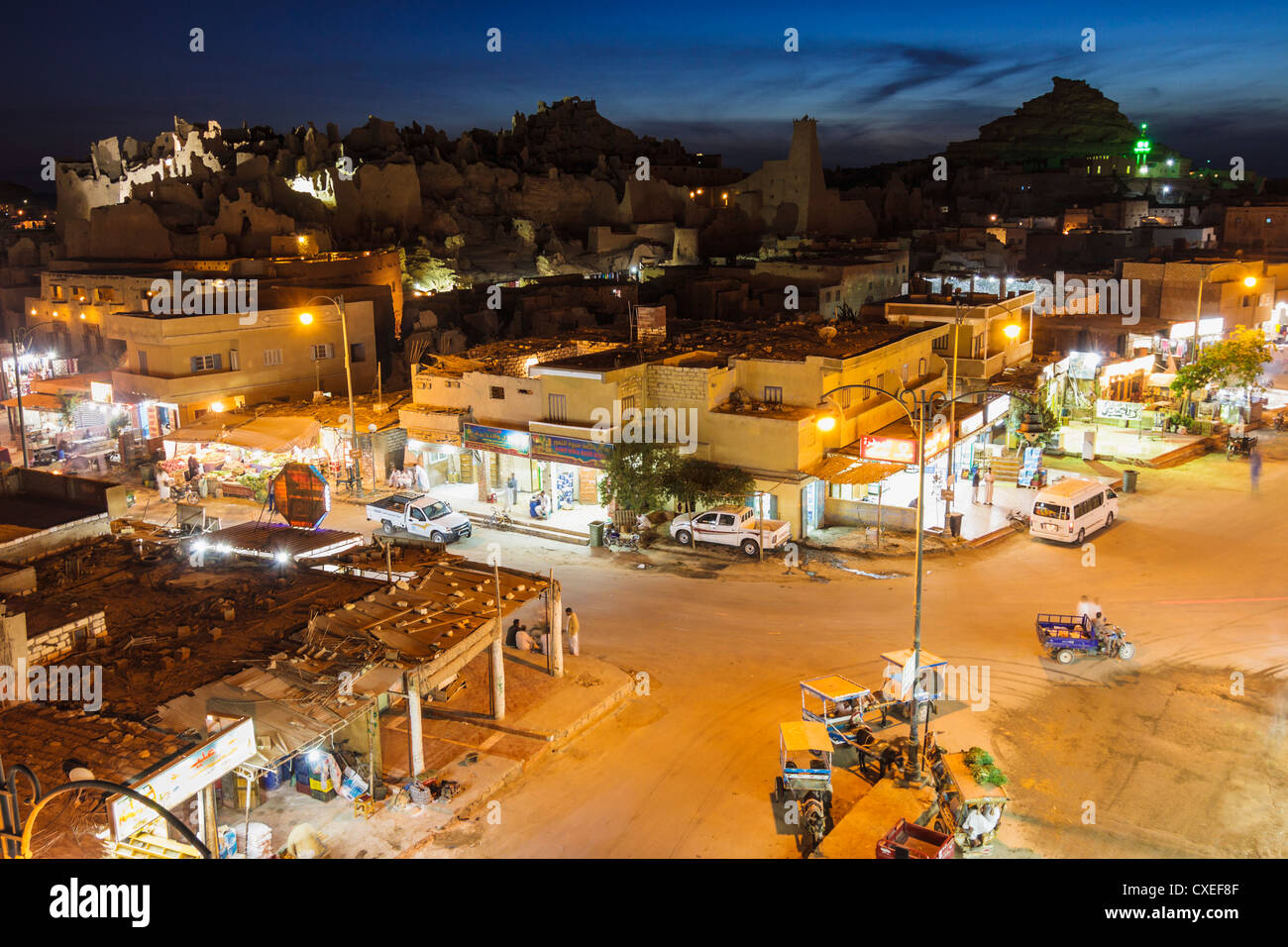 Overview at dusk of Shali fort and Siwa main square. Siwa oasis ...