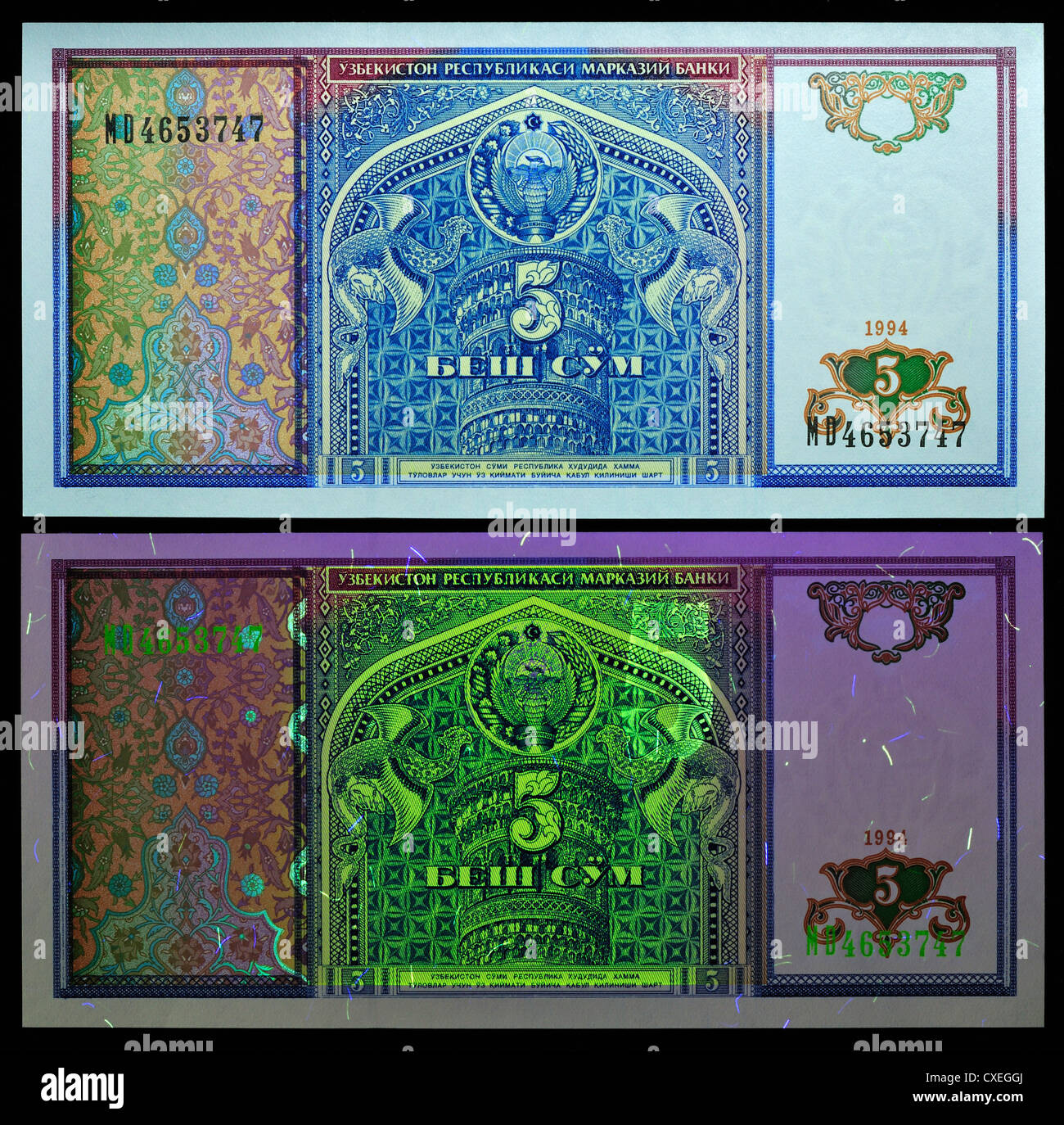 Banknote seen under natural light and UV light, showing security ...