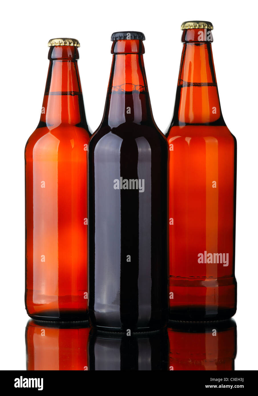 Bottles of lager and dark beer from brown glass, isolated on a white ...