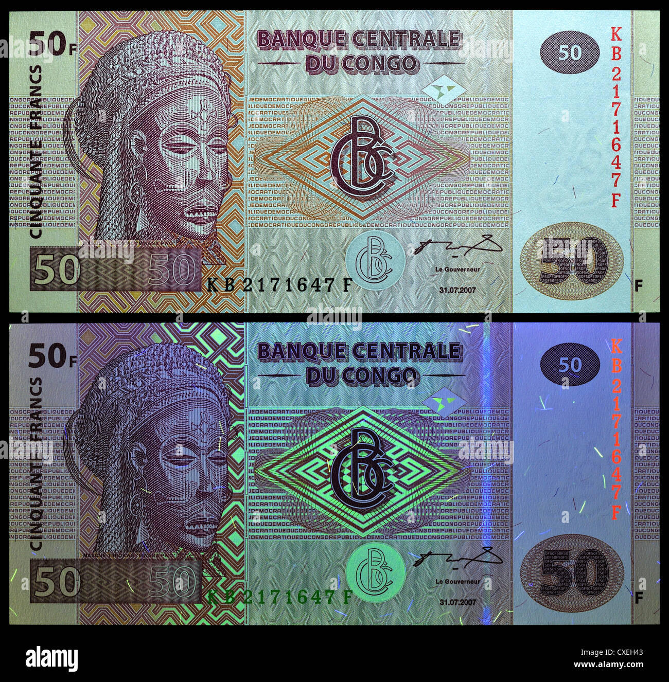 Banknote seen under natural light and UV light, showing security ...
