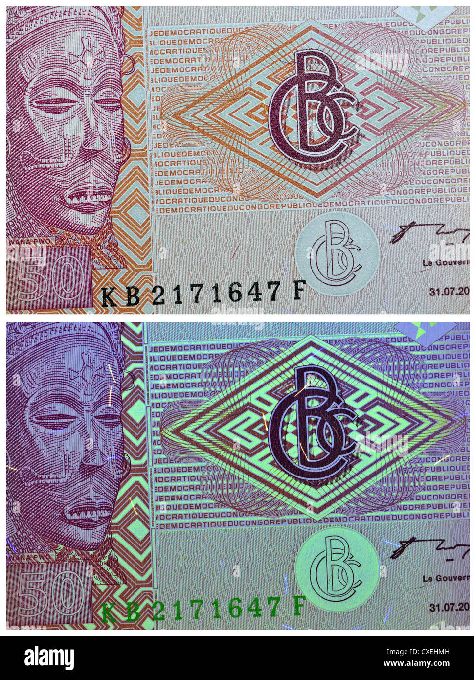 Banknote seen under natural light and UV light, showing security ...