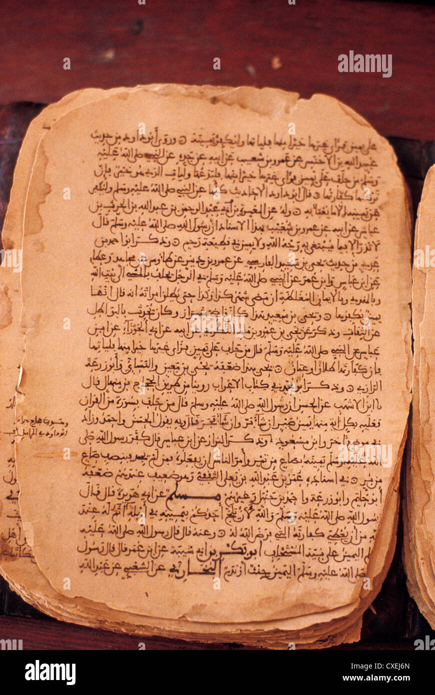 Arabic script in page of old historic Koran in Grand Mosque Timbuktu ...