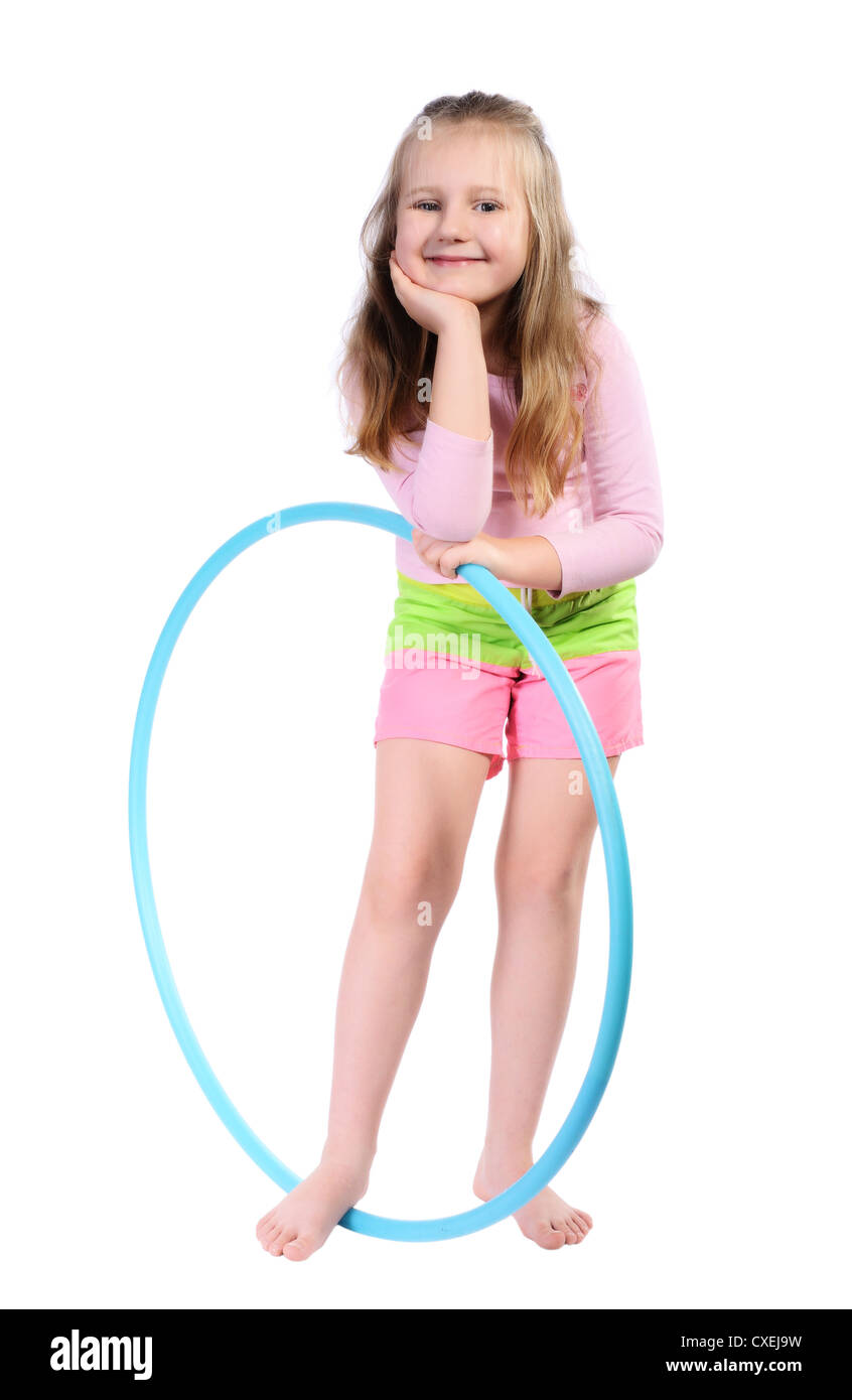Girl with long blond hair, with hula hoop, isolated on a white ...