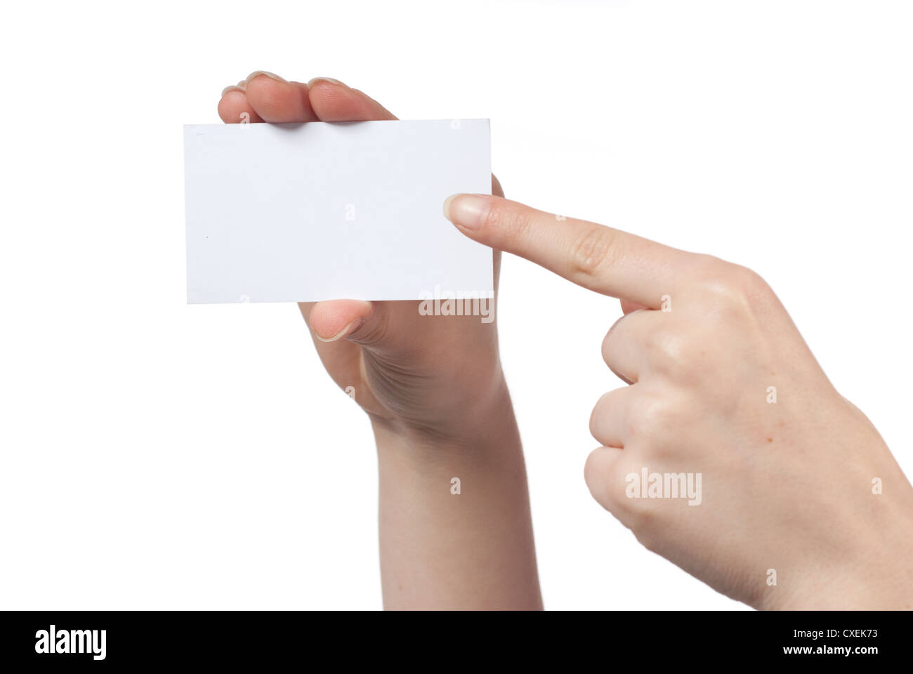 Woman hand holding empty visiting card and pointing on it isolated on ...
