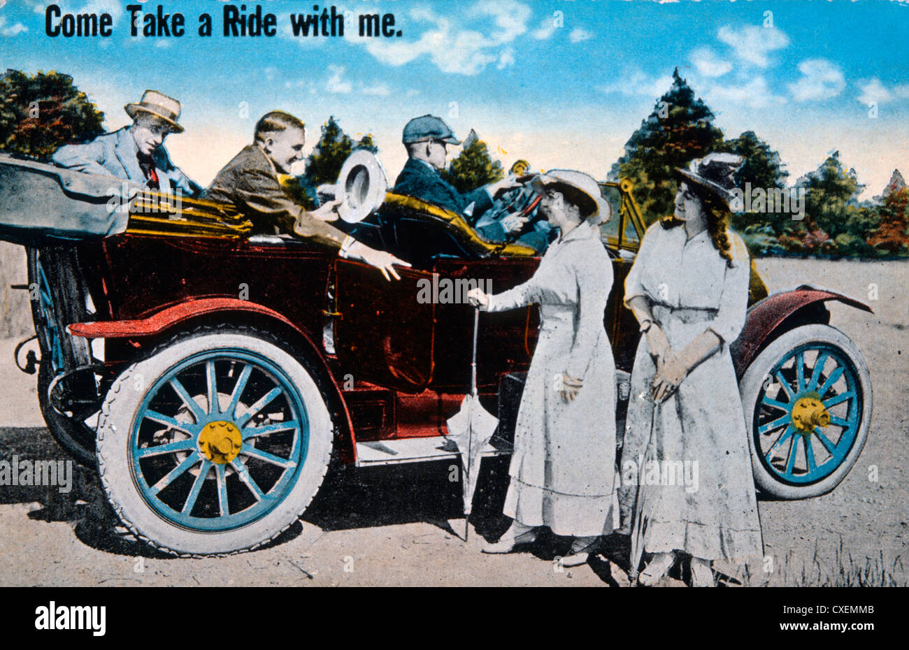 Three Men in Automobile Soliciting Two Women Standing Beside Car, Hand ...
