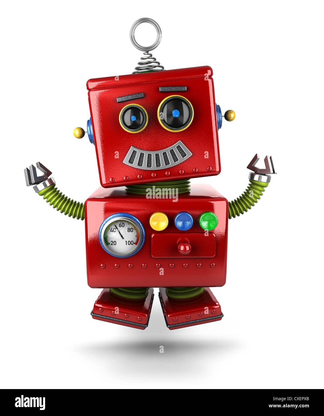 Little vintage toy robot jumping of joy Stock Photo - Alamy