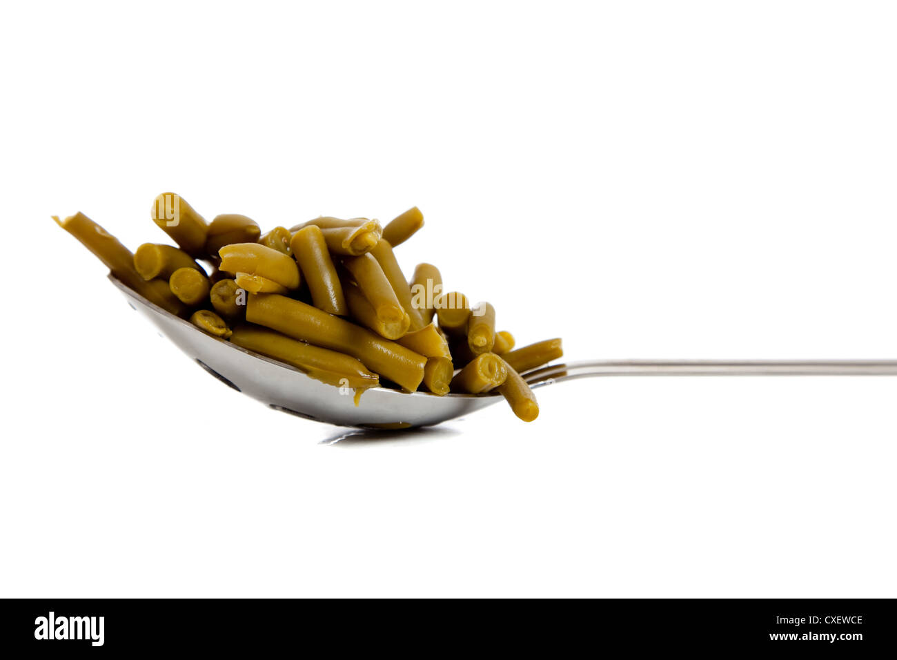 Green beans on a silver serving spoon on a white background with copy ...
