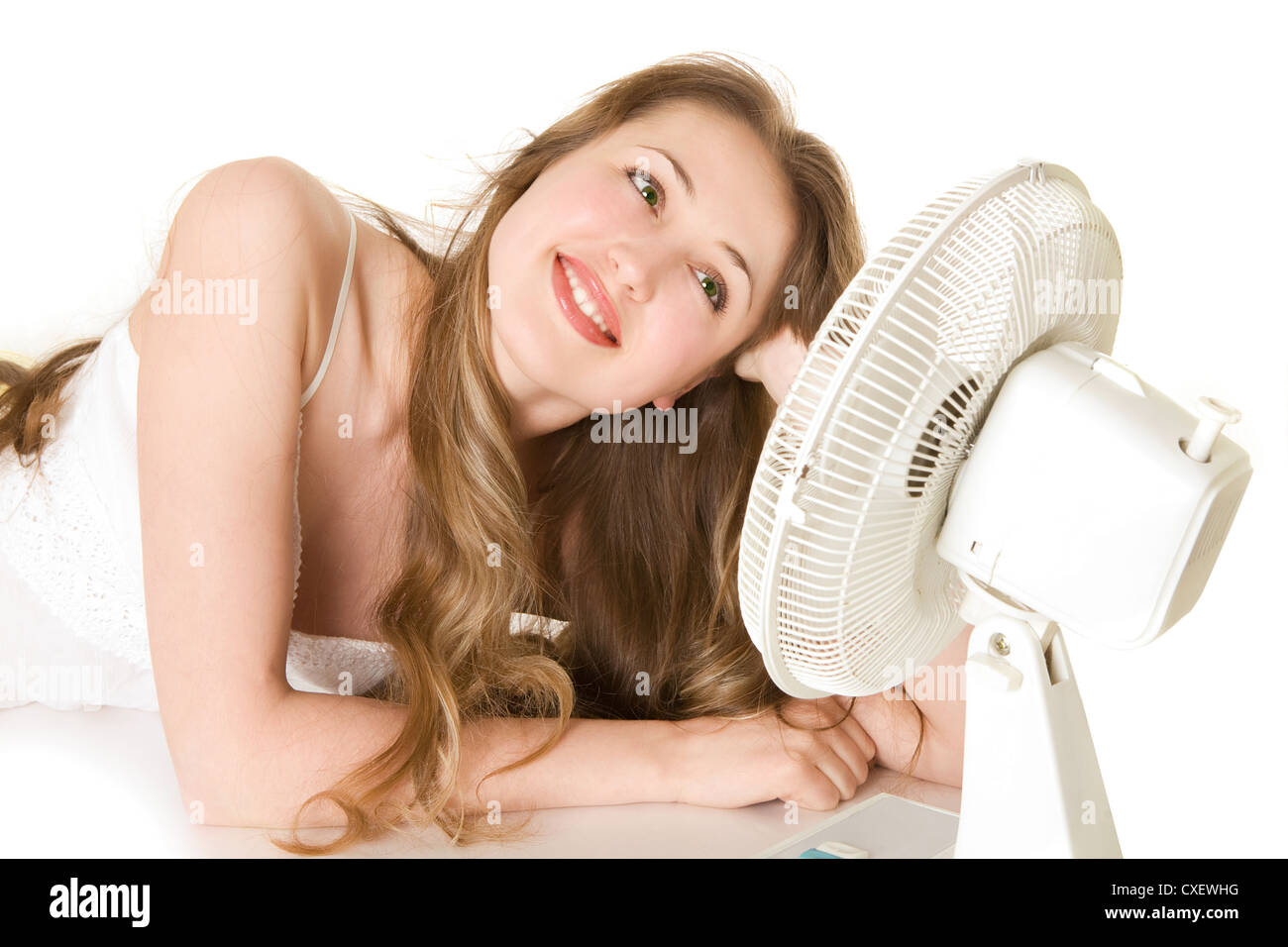 blonde girl with fan Stock Photo - Alamy