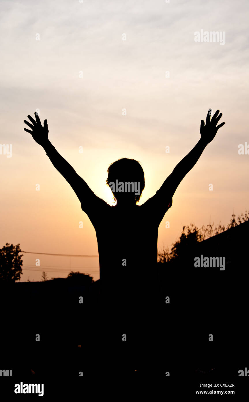 silhouette of man victory and happy Stock Photo - Alamy