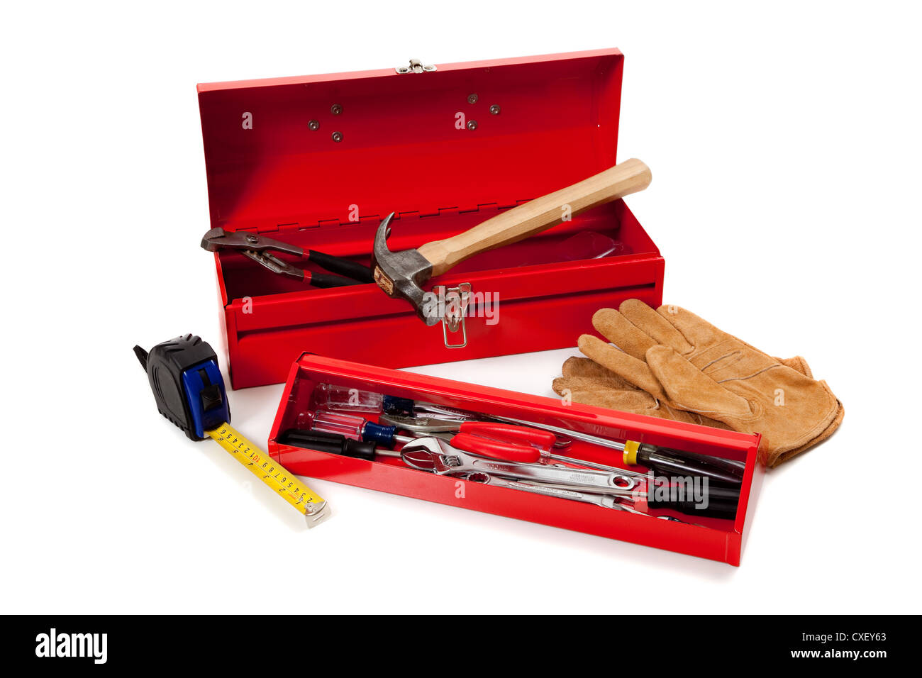 Red metal toolbox with tools on a white background Stock Photo - Alamy