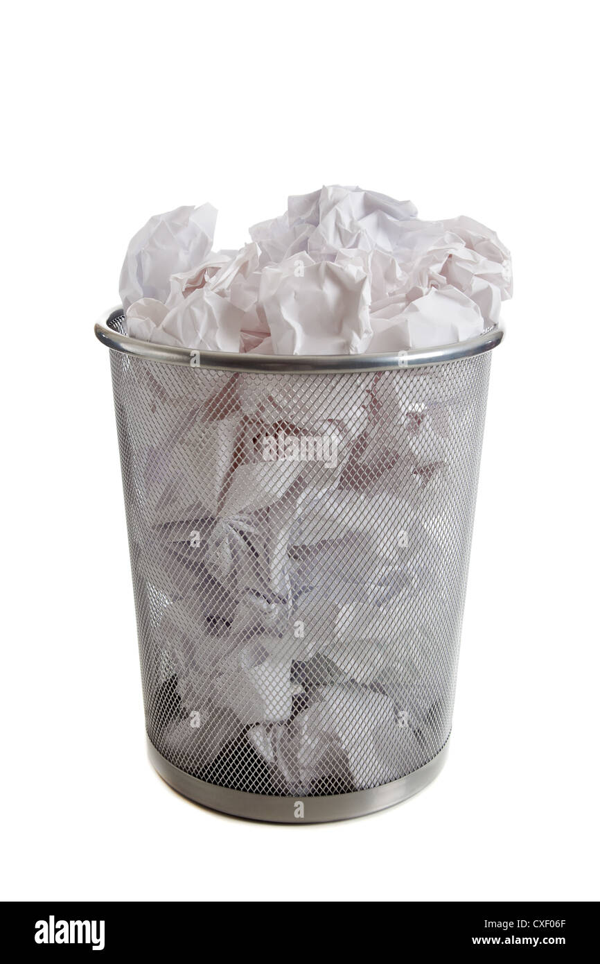 Wire mesh trashcan with crumpled paper in it Stock Photo - Alamy