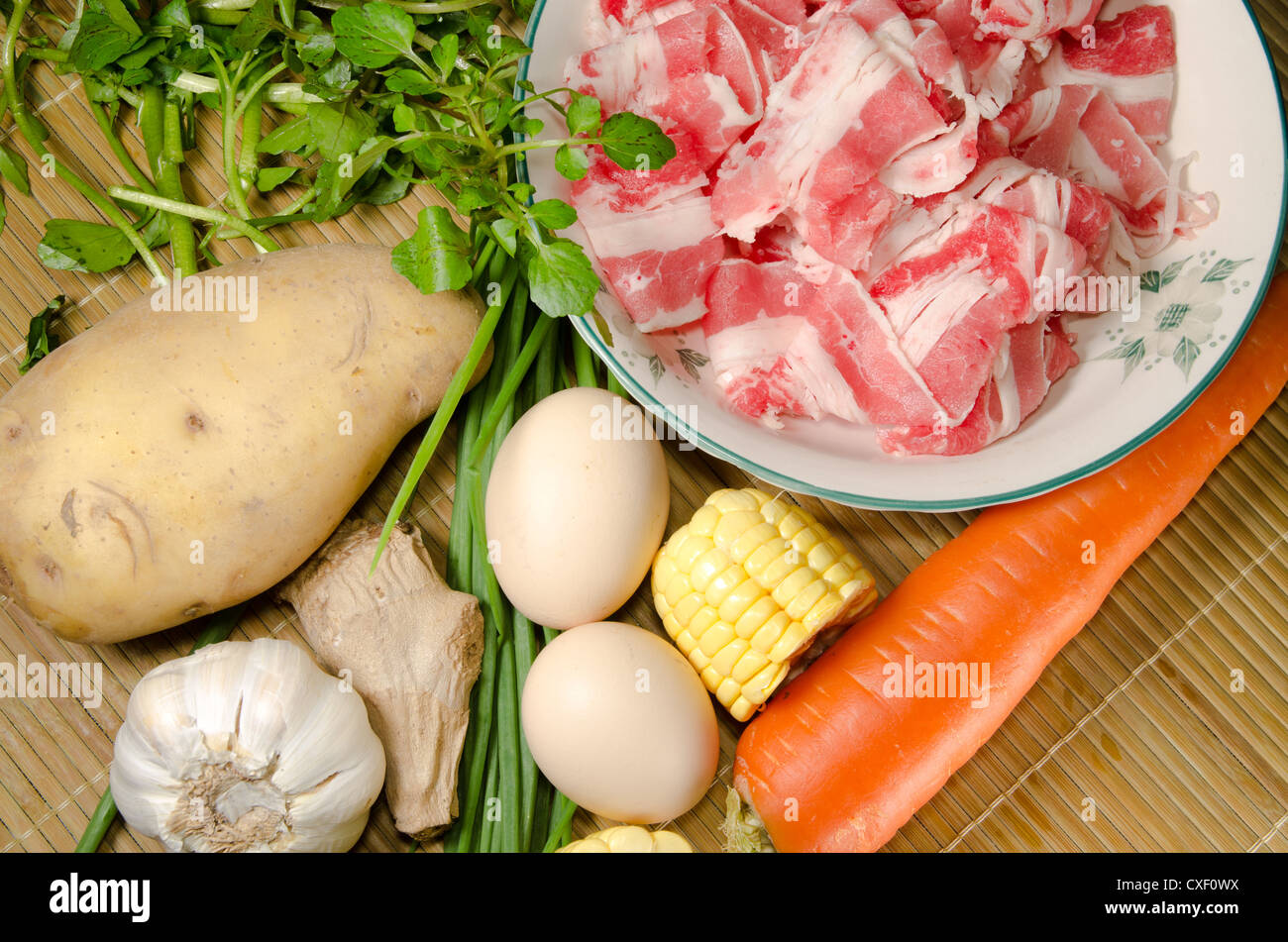 vegetables ingredient and fat beef slices Stock Photo - Alamy