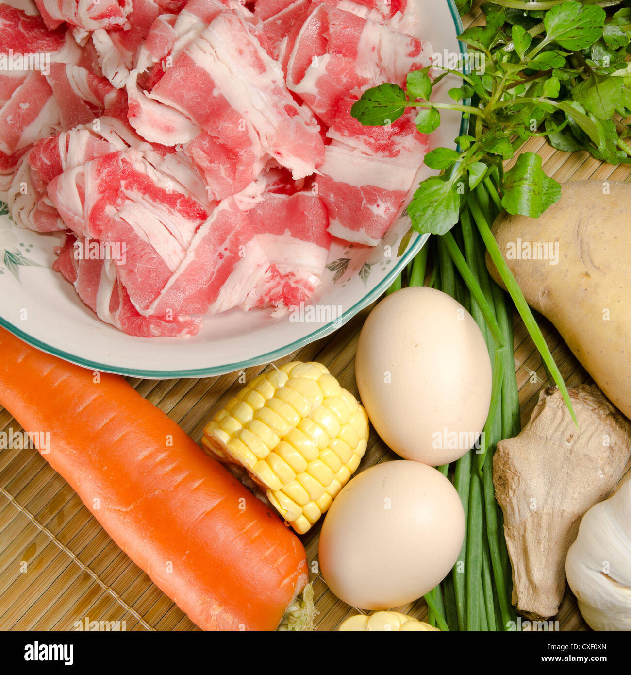 vegetables ingredient and fat beef slices Stock Photo - Alamy