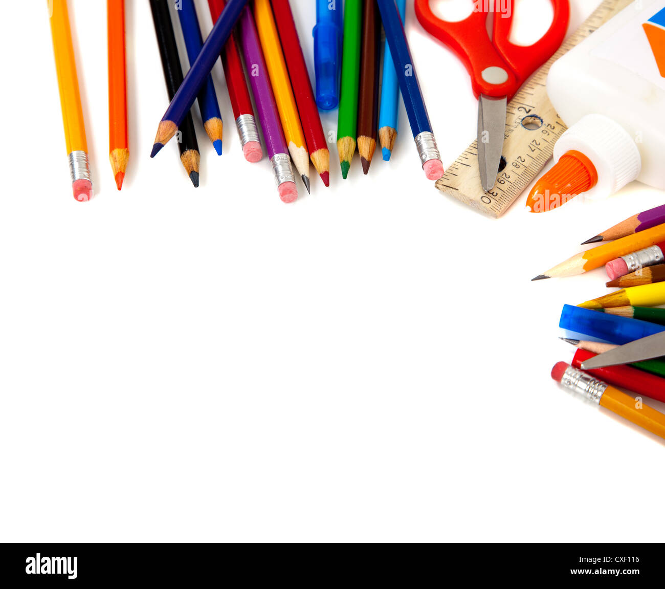 border of school supplies on a white background with copy space Stock ...