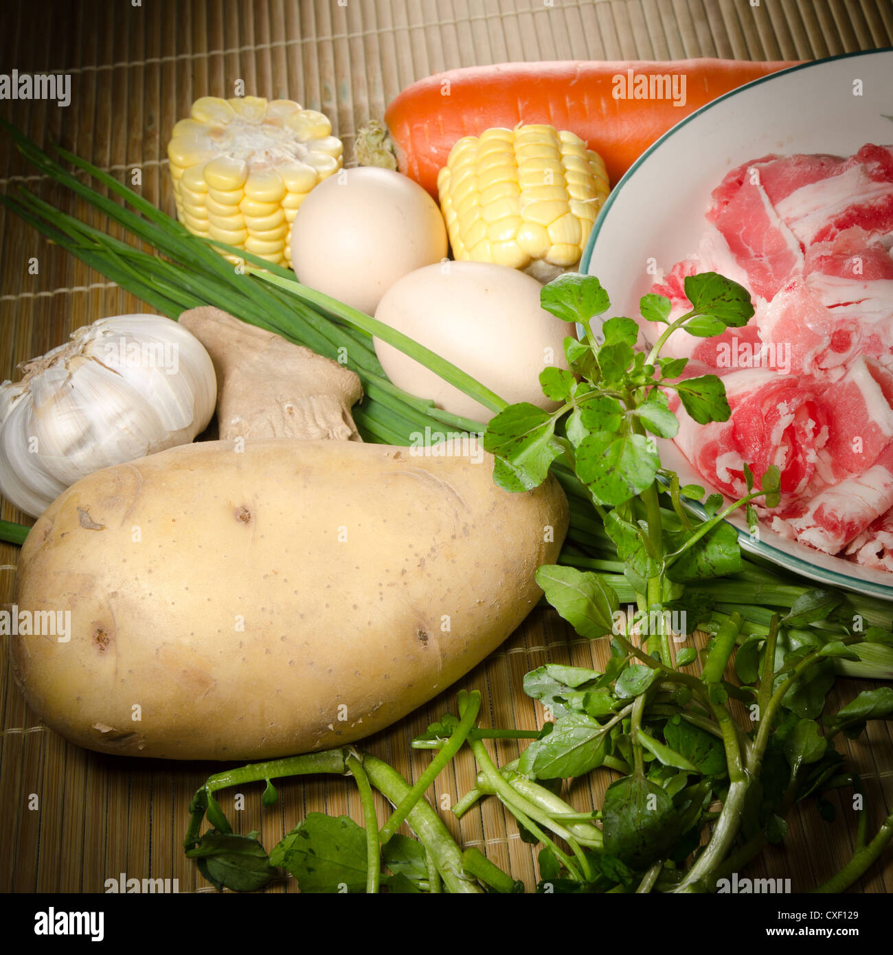 vegetables ingredient and fat beef slices Stock Photo - Alamy