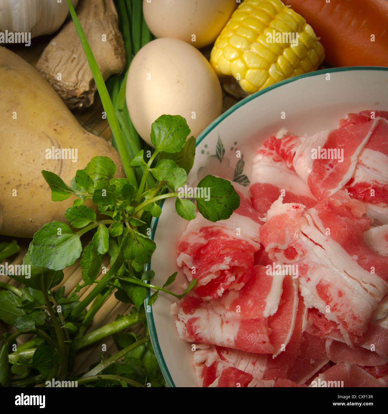 vegetables ingredient and fat beef slices Stock Photo - Alamy